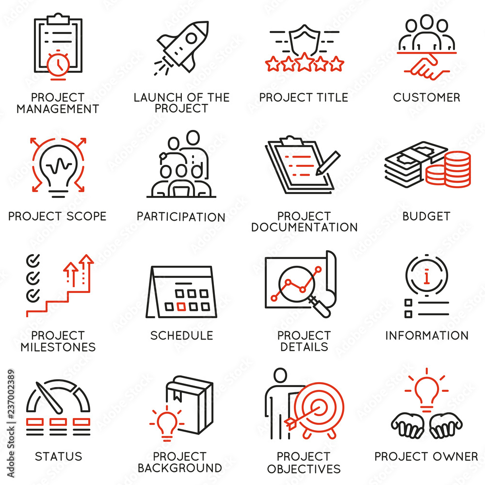 Vector set of linear icons related to project management. Mono line ...
