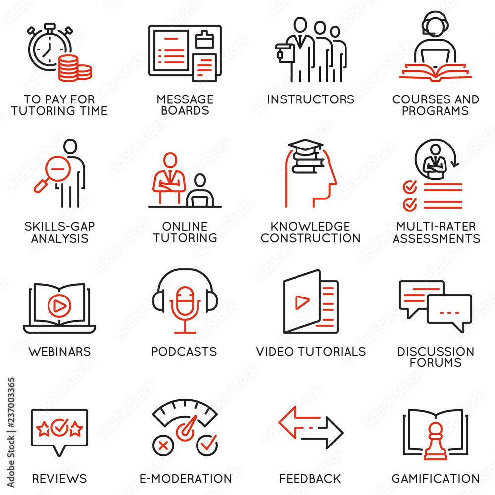 Vector set of linear icons related to online tutoring, training and ...