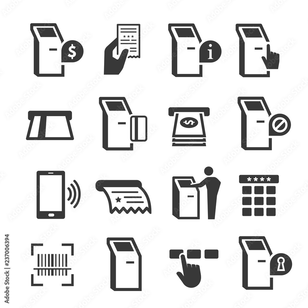 Kiosk terminal with interactive display icon set Stock Vector | Adobe Stock