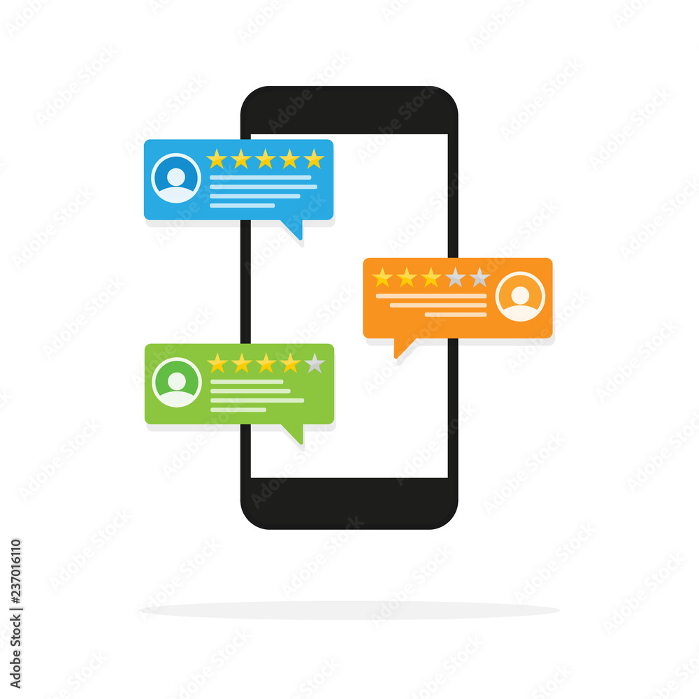 Hand holding mobile smart phone with review rating. Reviews stars with ...