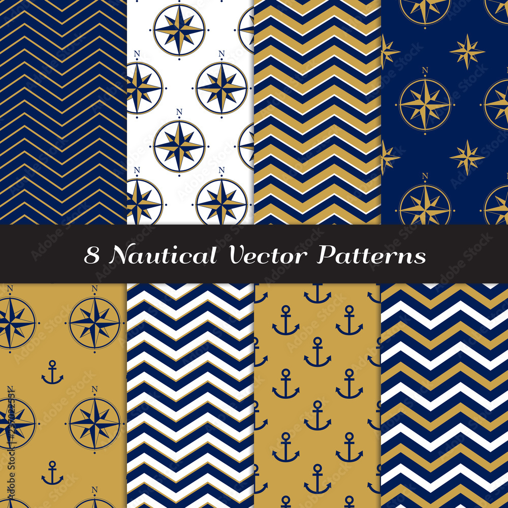 Nautical Vector Patterns with Anchors, Compasses and Chevron. Navy Blue ...