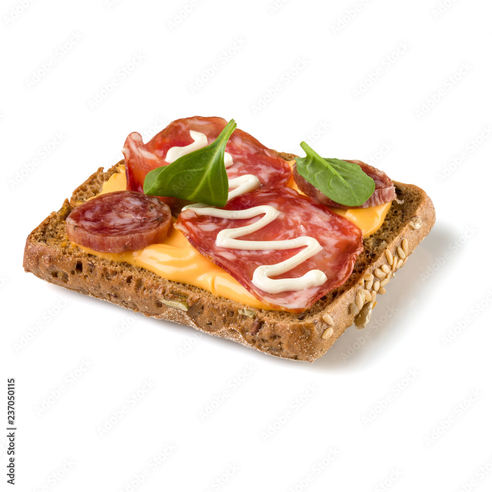 Canape with salami. Open faced sandwich crostini isolated on white ...