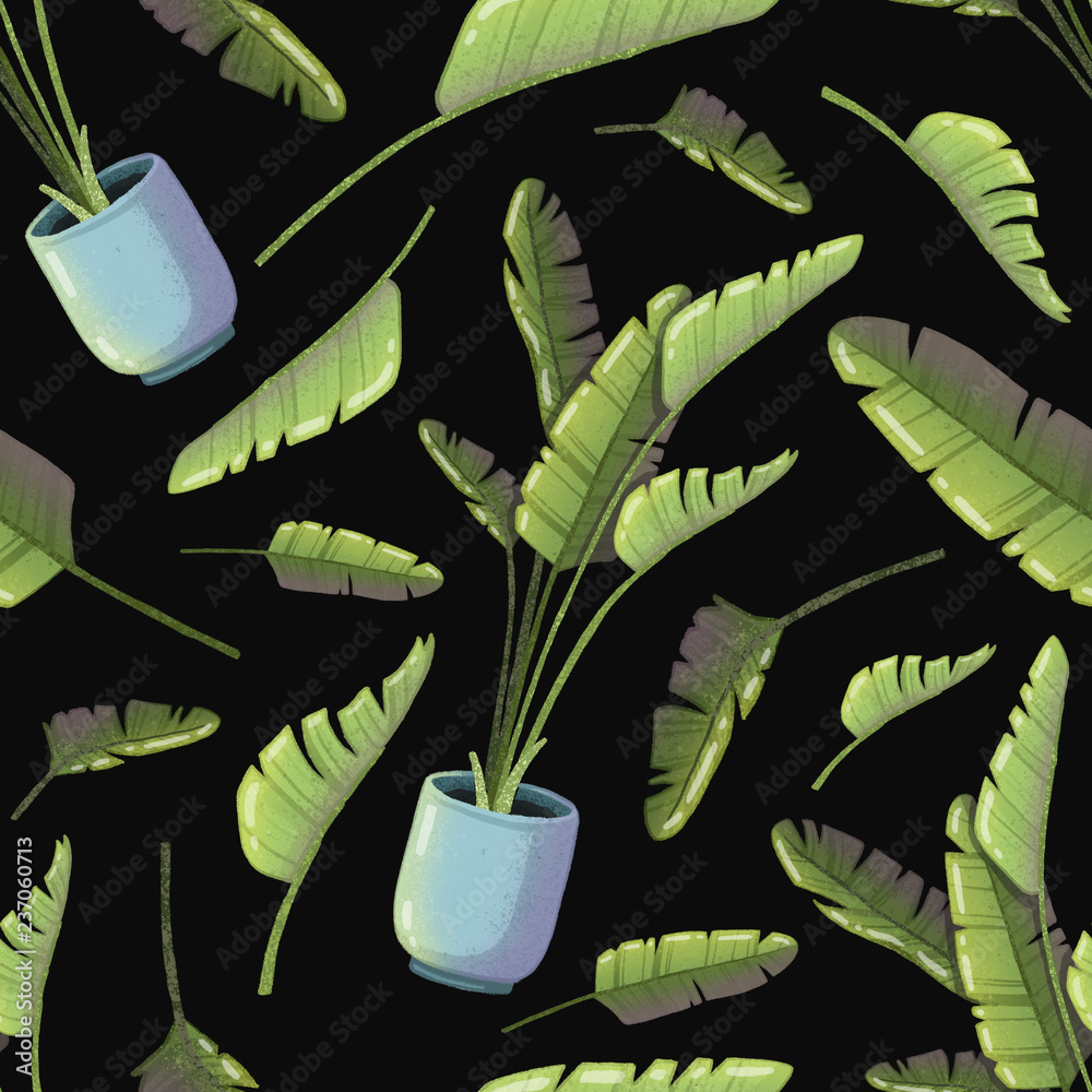 pattern with cartoon illustration of a banana tree. green plant in a ...