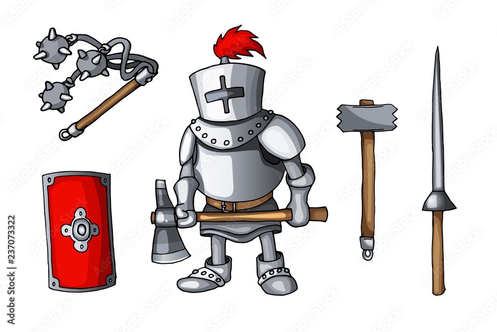 Vetor de Hand drawn sticker knights colored doodle weapons set isolated ... Vetor de Hand drawn sticker knights colored doodle weapons set isolated ...