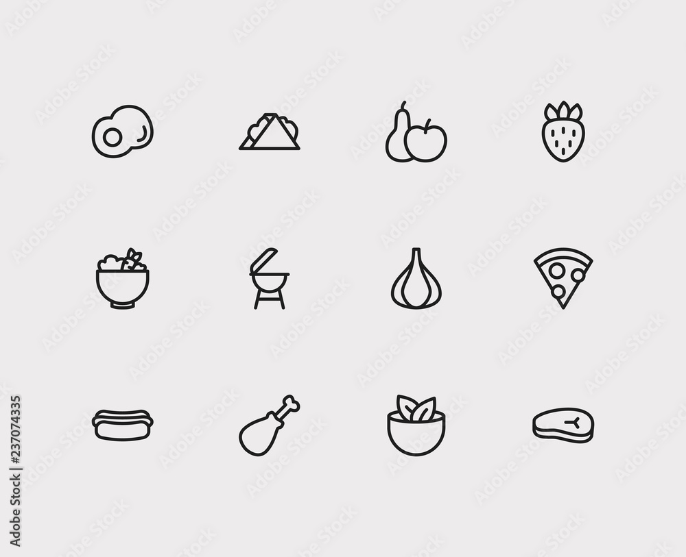 Meal icons set. Pizza and meal icons with healthy food, garlic ...