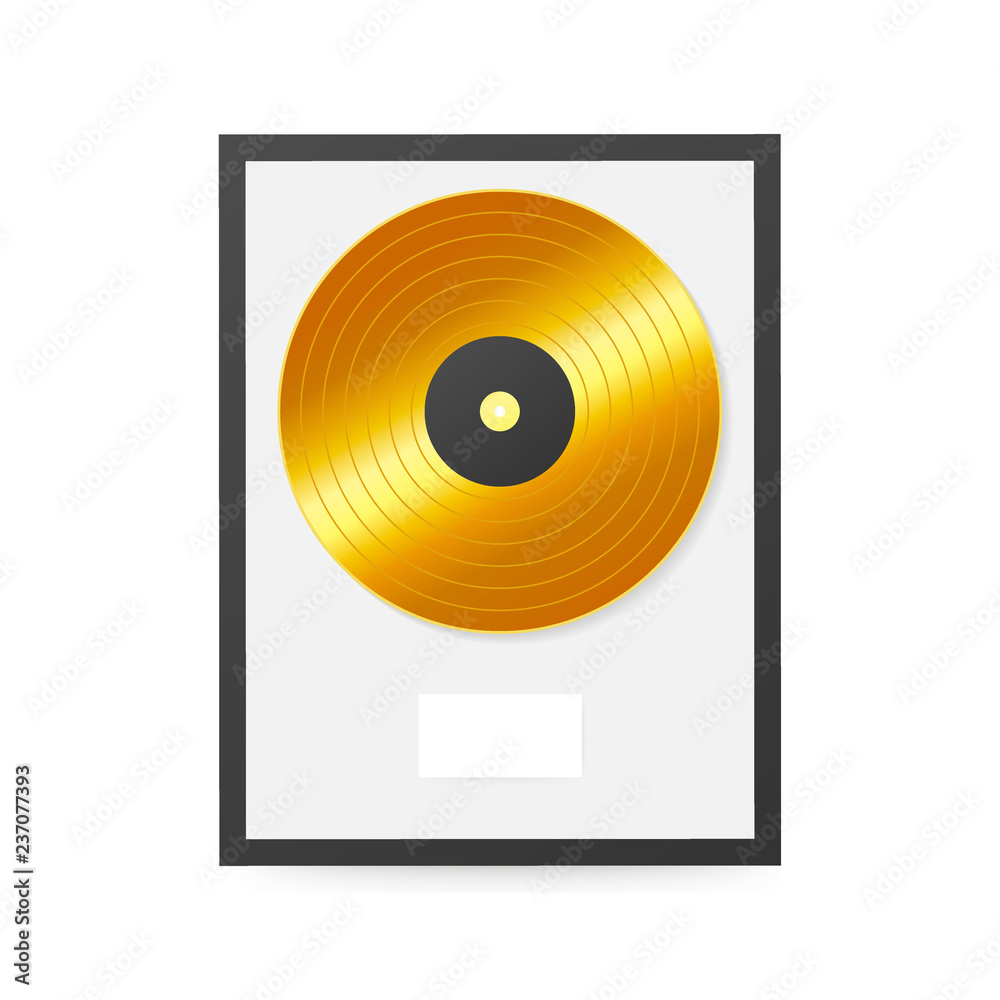 Gold vinyl in frame on wall. Collection disc, template design element ...