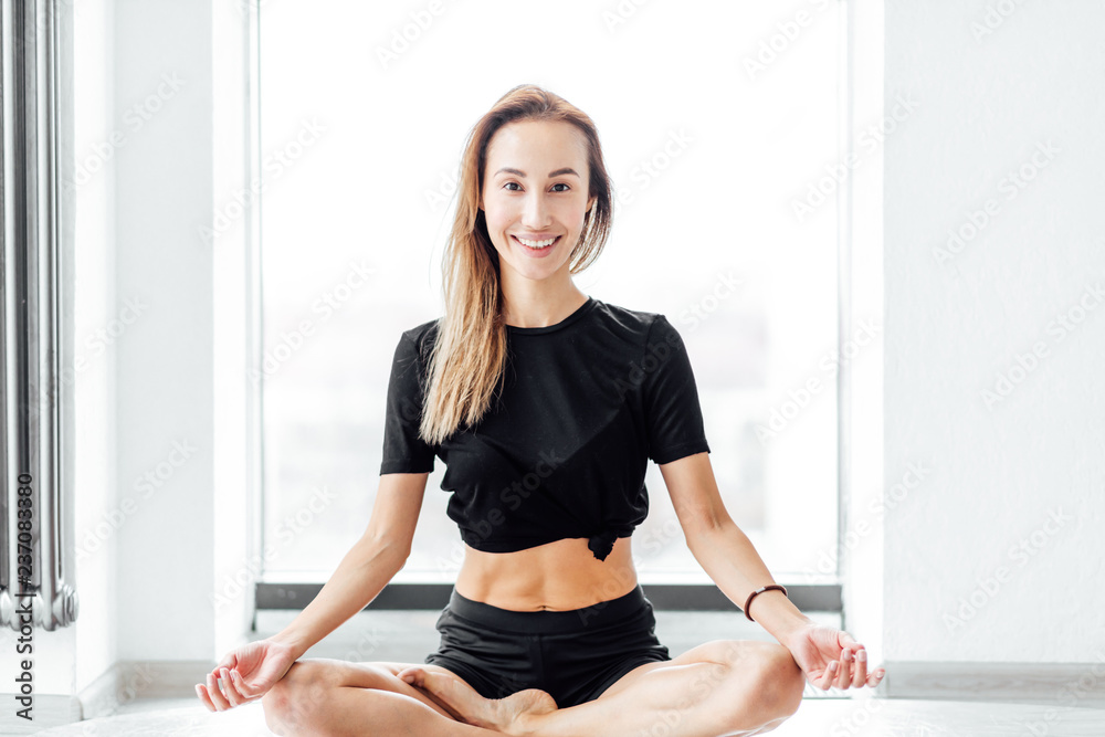 lotus posture for begginers. yoga steps. attractive female practising ...