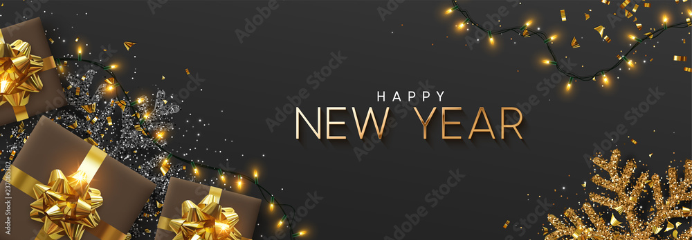 Happy New Year banner. Background Xmas design of sparkling lights ...