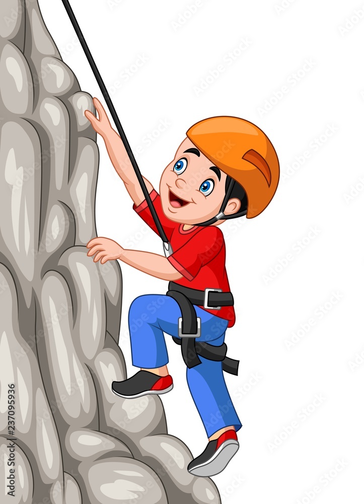 Cartoon happy boy climbing rock Stock Vector | Adobe Stock