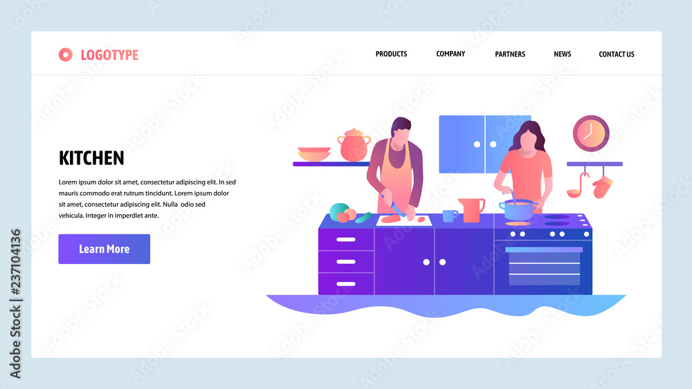 Web site onboarding screens. Happy couple cooking together at kitchen ...