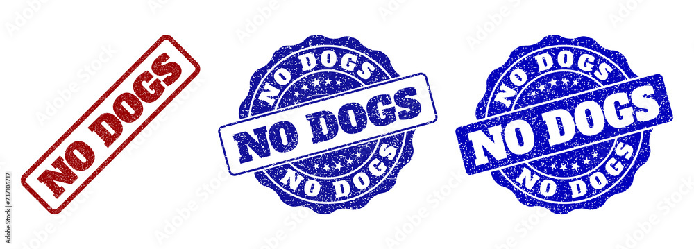 NO DOGS grunge stamp seals in red and blue colors. Vector NO DOGS signs ...
