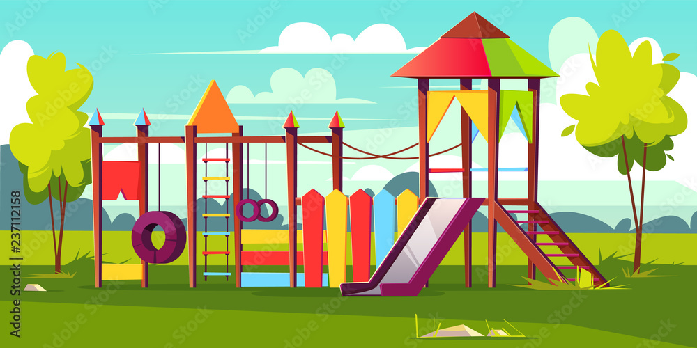 Vector bright playground for children at park. Game area with ropes ...
