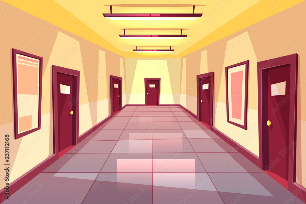Vector cartoon hallway, corridor with many doors - college, university ...