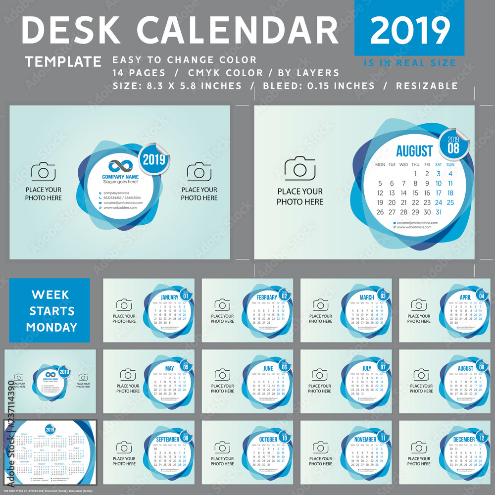 Desk calendar template for 2019 Year, Design calendar template, Week ...