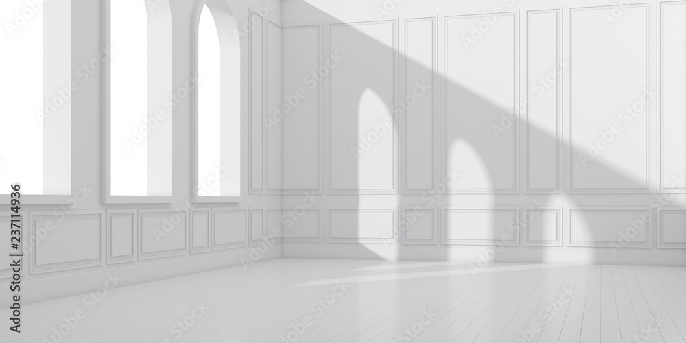 3D stimulate of empty white room with wood plank floor and sun light ...