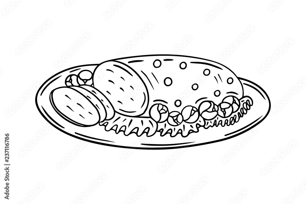 Roasted meat outline drawing, Christmas family dinner festive meal ...