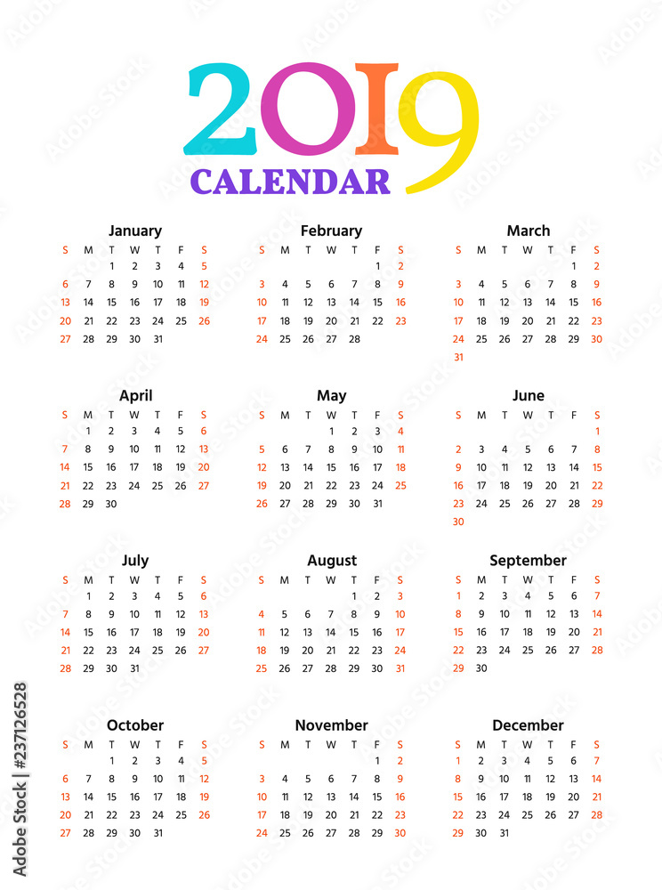 2019 Calendar. Vector. Week starts Sunday in minimal simple style ...