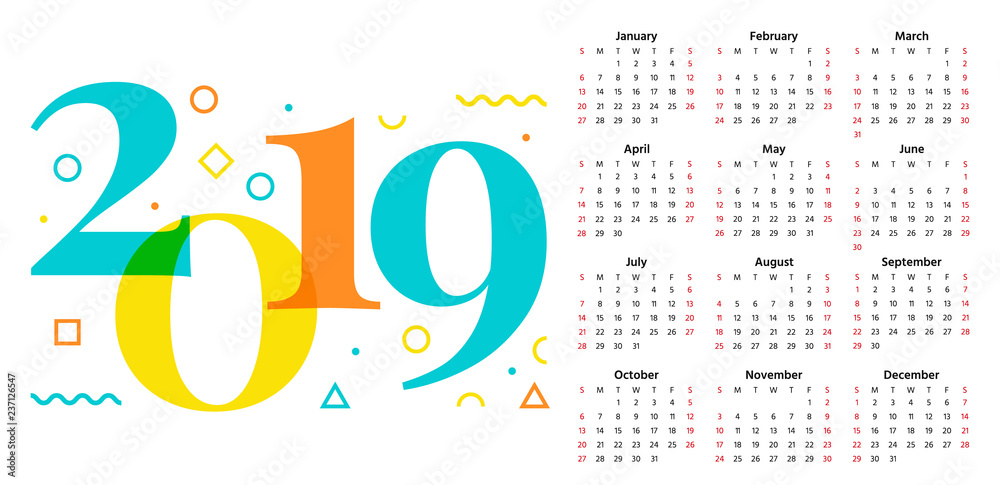 2019 Calendar. Vector. Stationery 2019 year horizontal pocket template ...