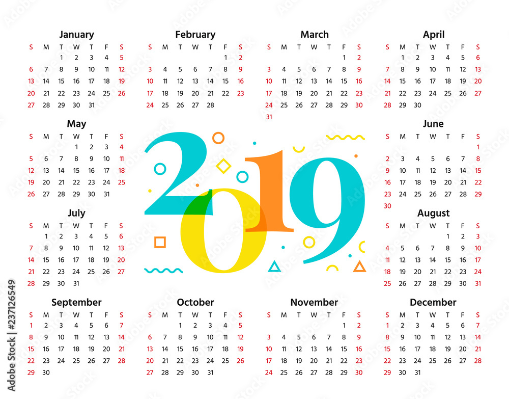 2019 Calendar. Vector. Week starts Sunday in minimal style. Stationery ...