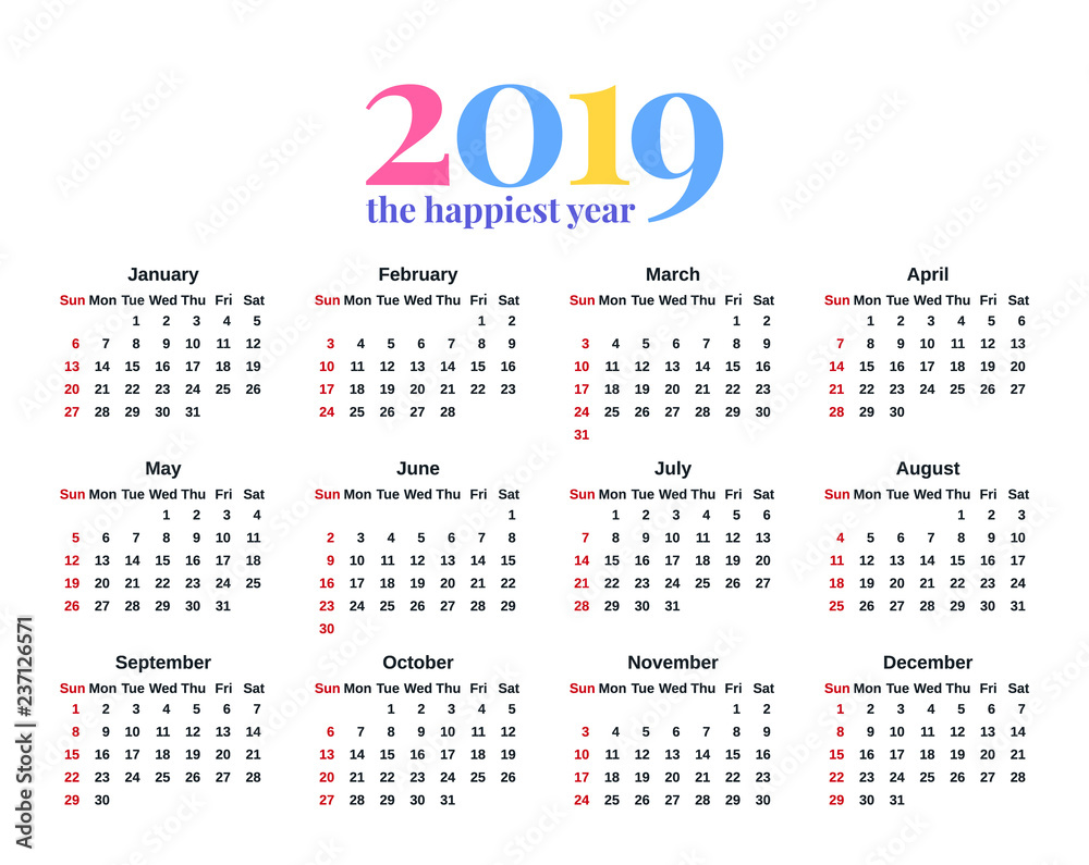 2019 Calendar. Vector. Stationery 2019 year template. Week starts ...