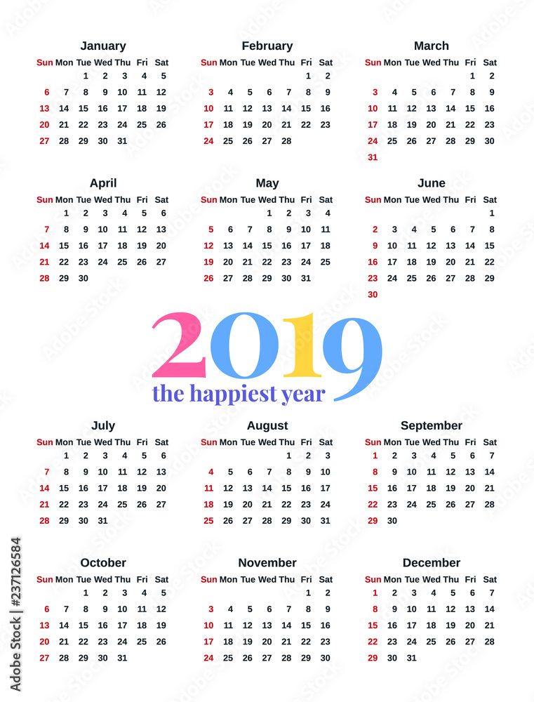 2019 Calendar. Vector. Stationery 2019 year vertical pocket template ...