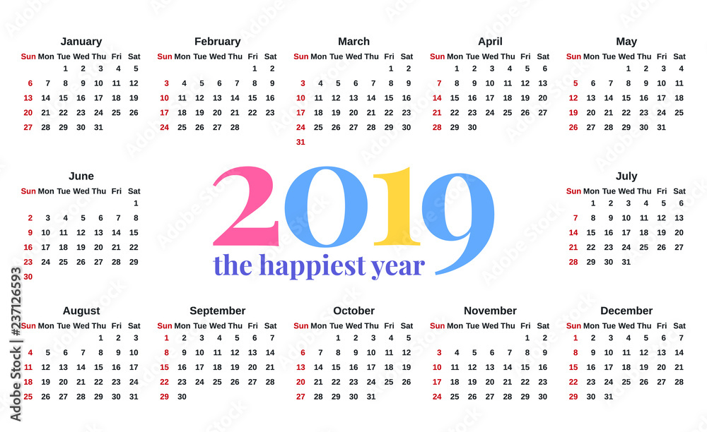 2019 Calendar. Vector. Week starts Sunday. Yearly calendar organizer in ...