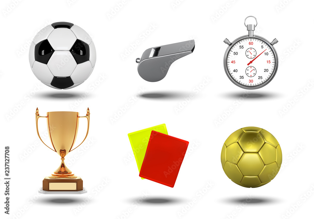 Realistic soccer set of icons with referees objects, trophy, football ...