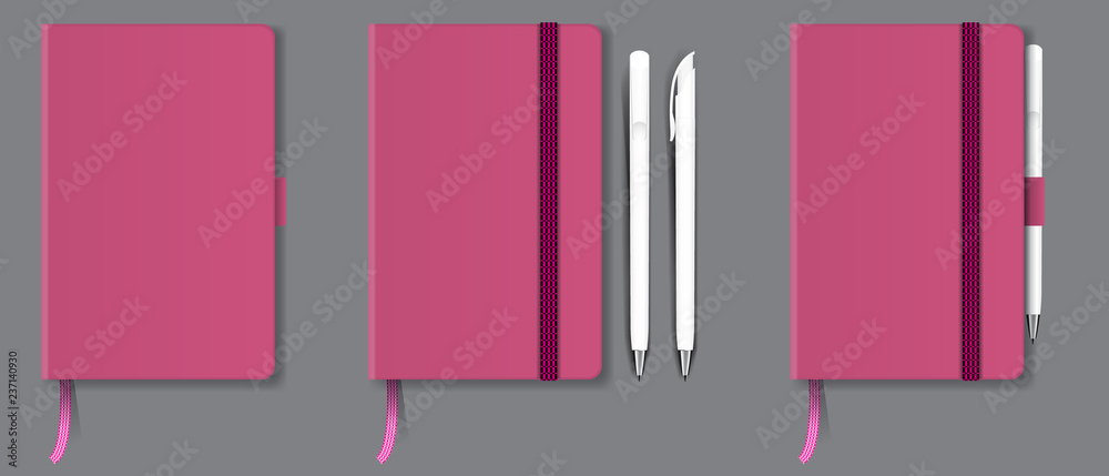 Pink realistic hard cover notebook with red bookmark, ribbon and pen ...