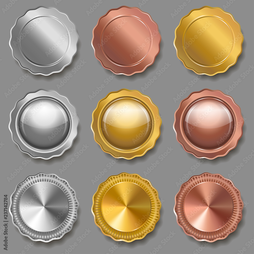 Set of medals of various shapes on gray background. Metallic badges ...