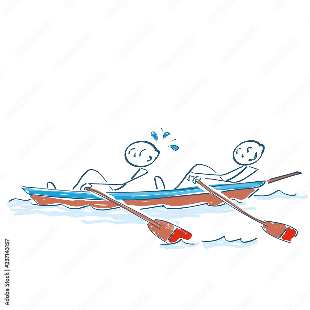 Strichmännchen sitzen zusammen im Ruderboot und rudern Stock ...
