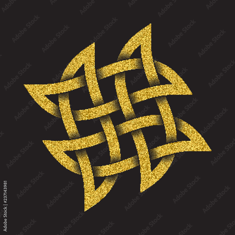 Golden glittering logo symbol in Celtic style on black background. Tribal symbol in hash mark ...