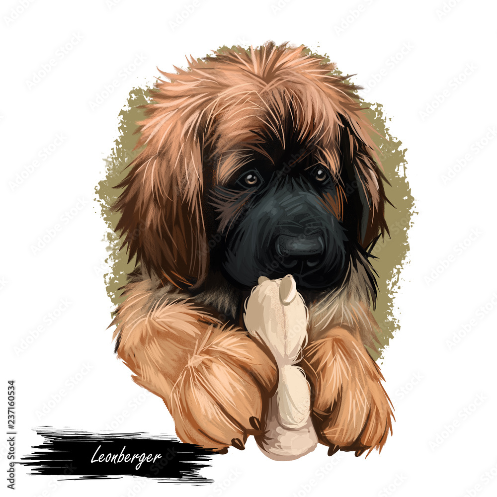 Leonberger puppy dog breed playing with toy digital art. German ...