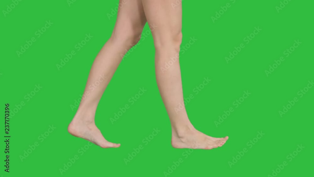 Beautiful Female Barefoot Walk on a Green Screen, Chroma Key. Stock ...