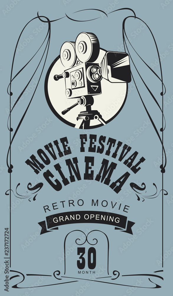 Vector poster for retro cinema movie festival with old fashioned movie ...
