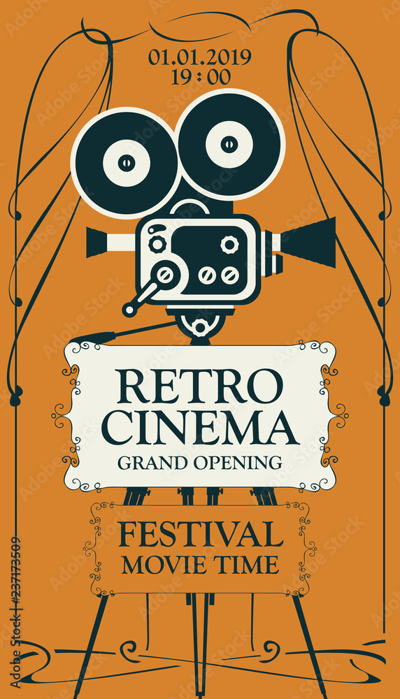 Vector poster for retro cinema movie festival with old fashioned movie ...