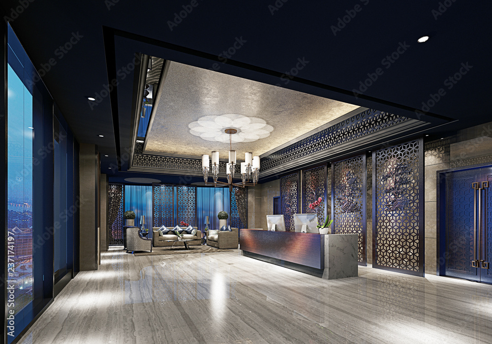 3d render luxury hotel lobby reception Stock Illustration | Adobe Stock