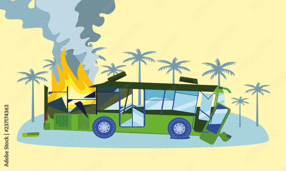 Destroyed bus in fire concept banner. Flat illustration of destroyed ...
