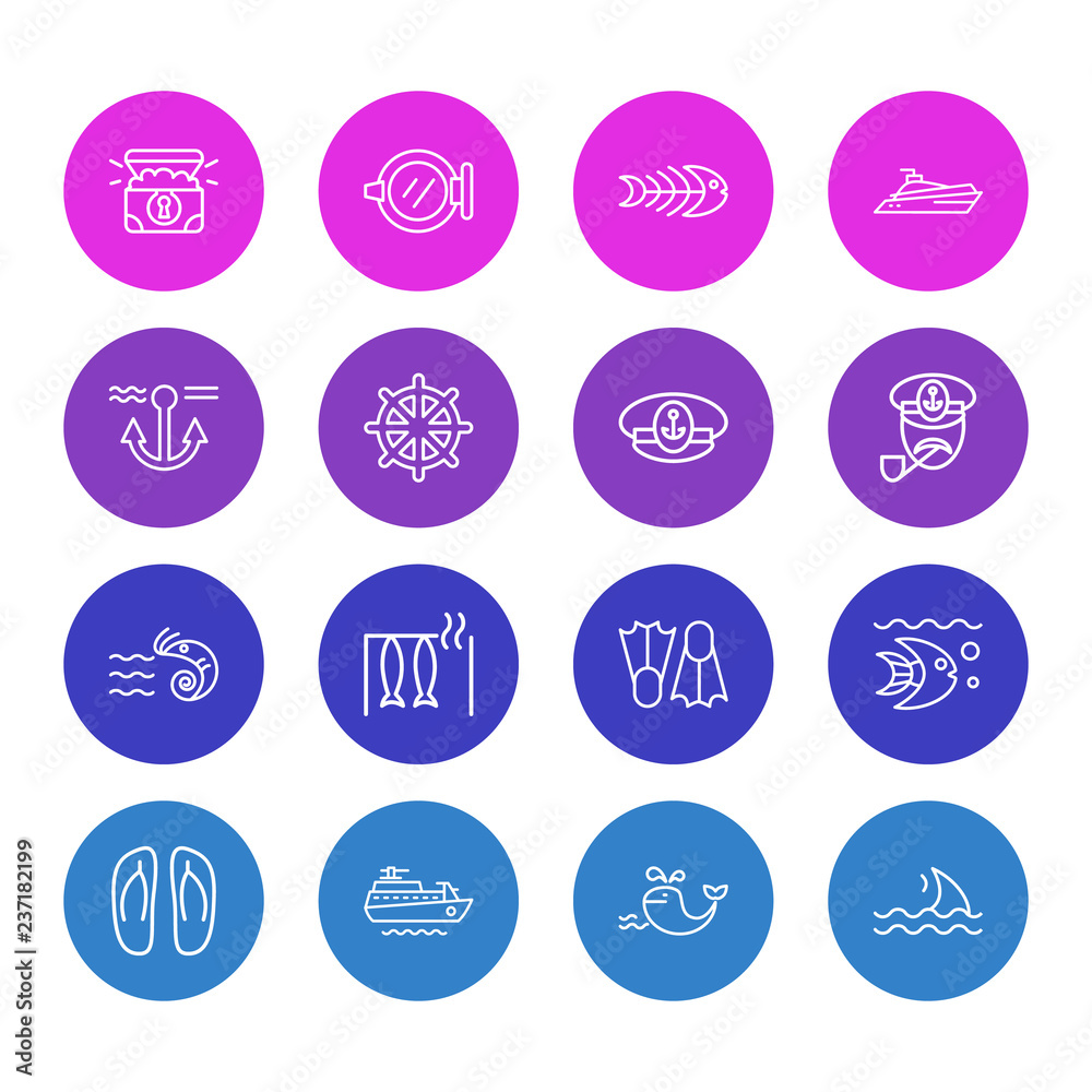 Vector illustration of 16 marine icons line style. Editable set of ...