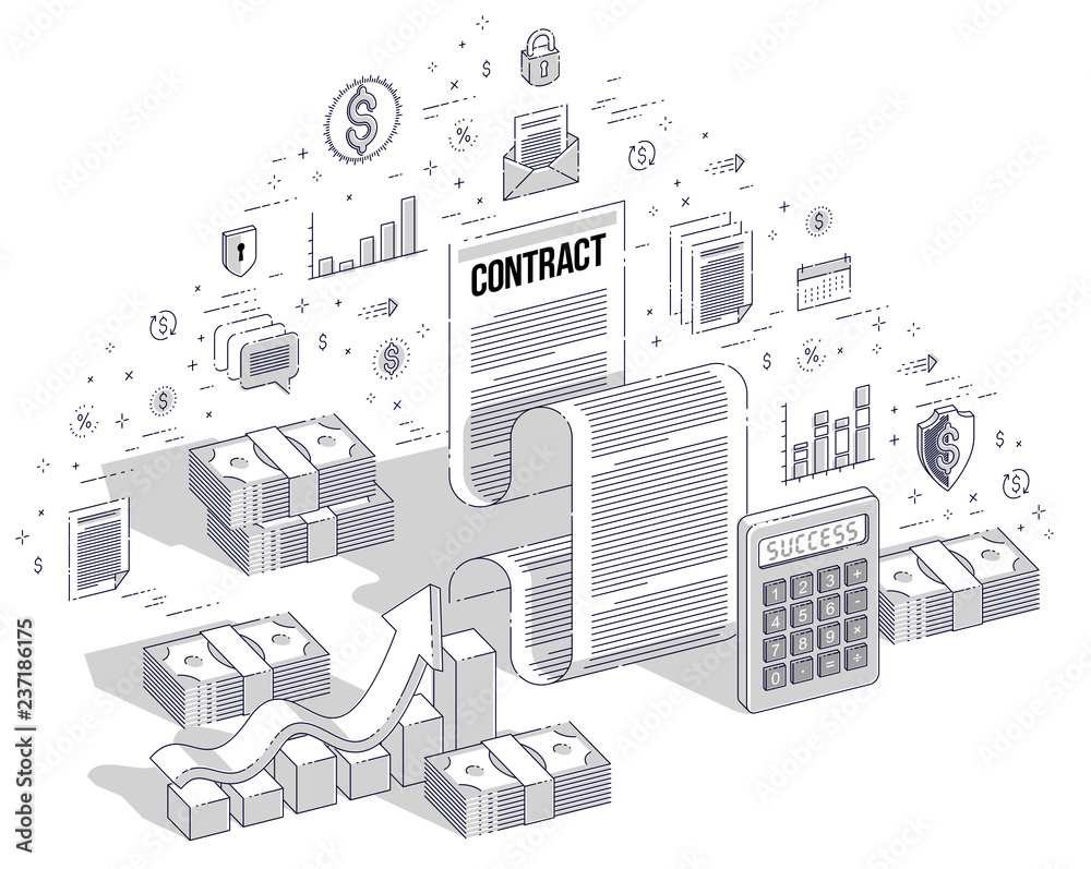 Financial contract concept, paper legal document and cash money stacks ...
