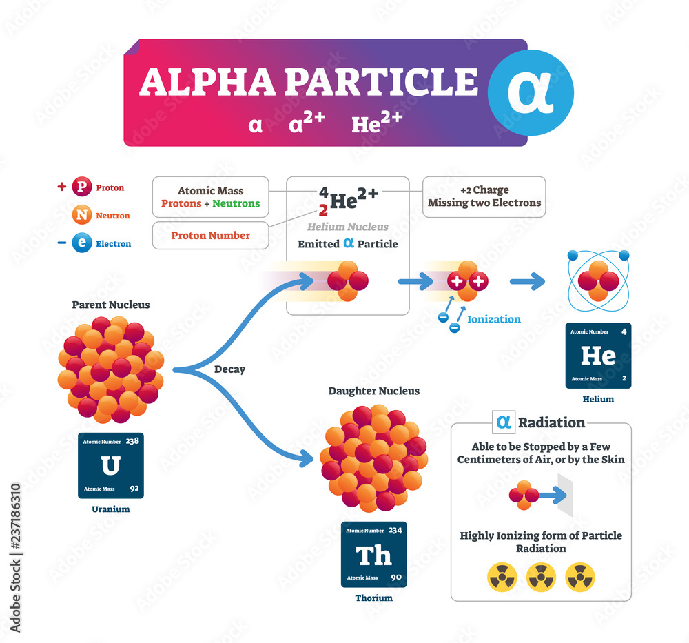 Alpha particle vector illustration. Labeled process explanation ...