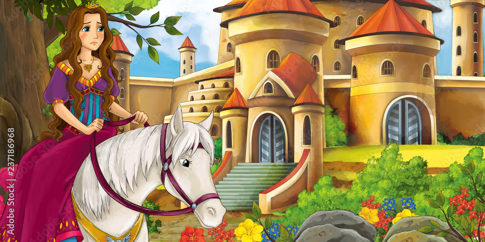 Cartoon nature scene with beautiful castles near the forest with ...