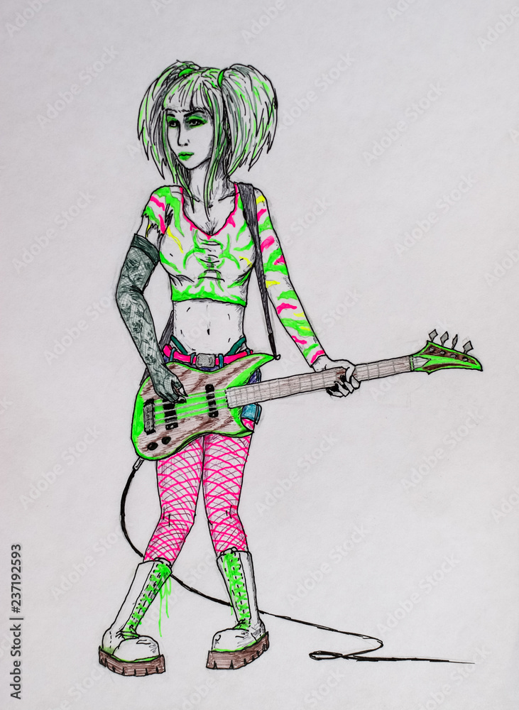 Metalist girl rocker playing an electric guitar. Pencil and ink drawing ...