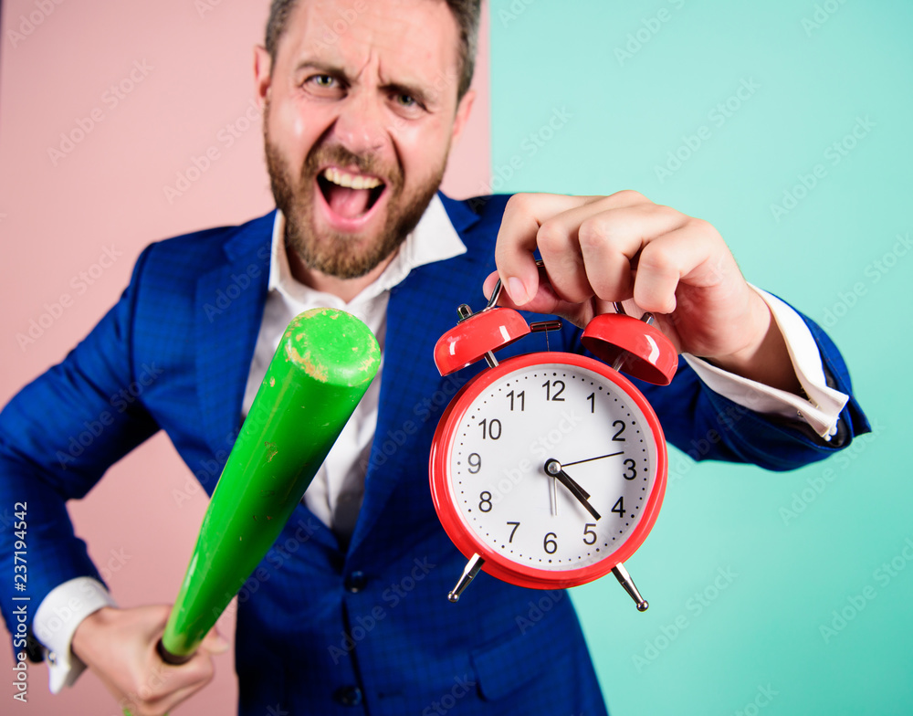 Man suit hold clock in hand and arguing for being late. Business ...