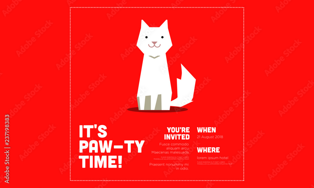 It's Paw-ty Time Invitation Design with Cute Cat Illustration Where and ...