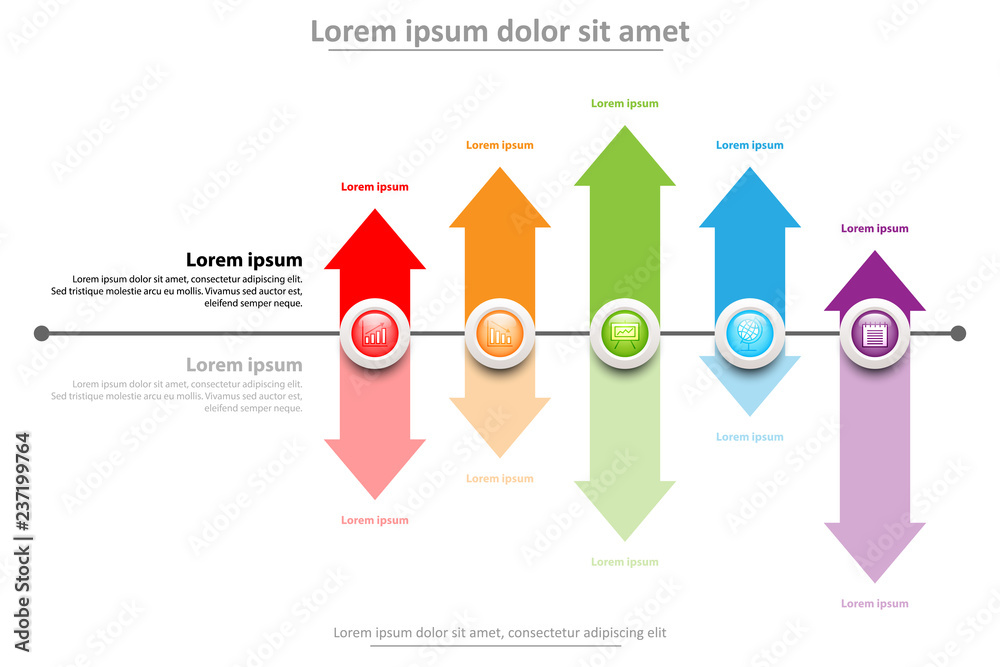 3D colorful marble circle on timeline with arrow in five topics for ...