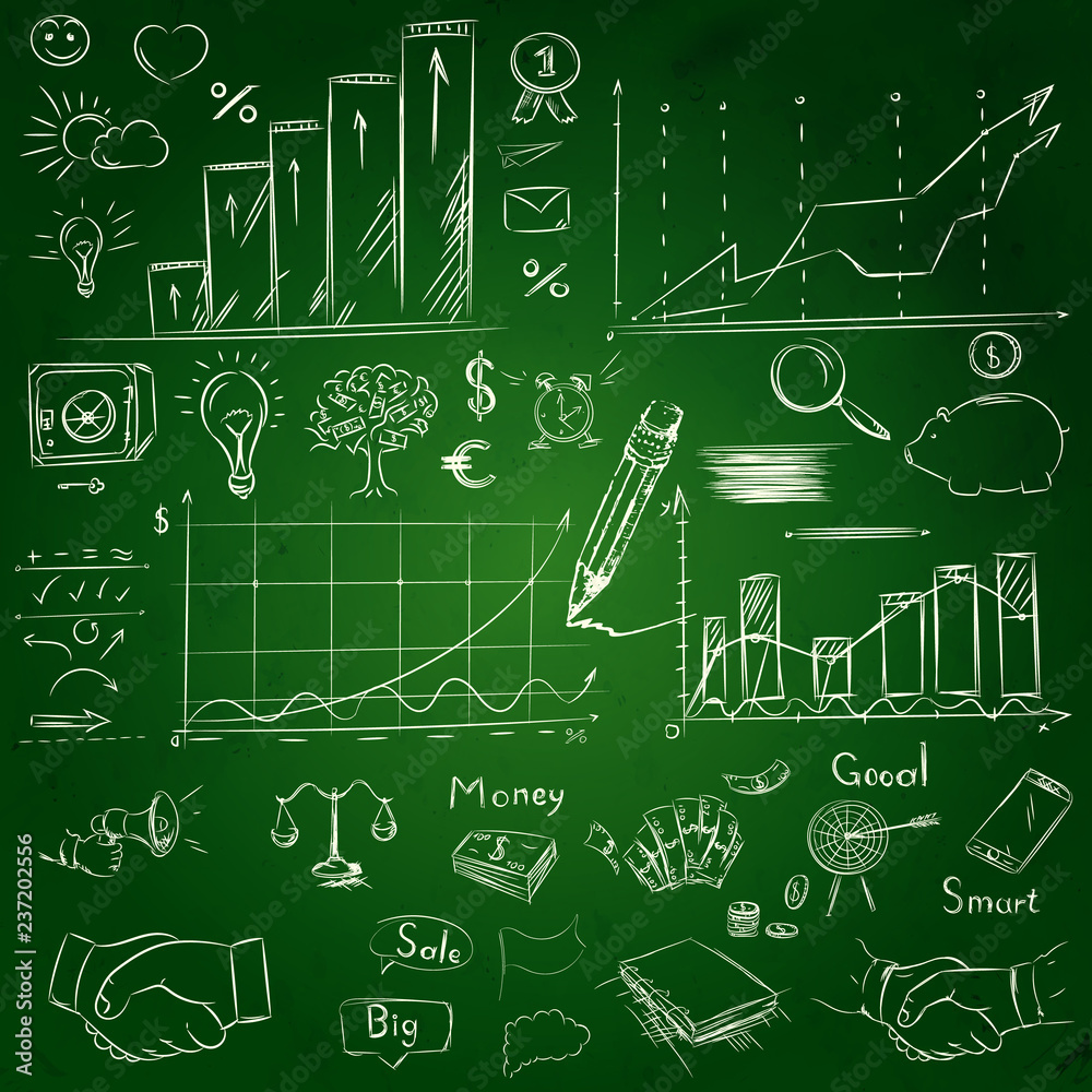 Sketch of business elements in outline. Pencil drawing handshake ...