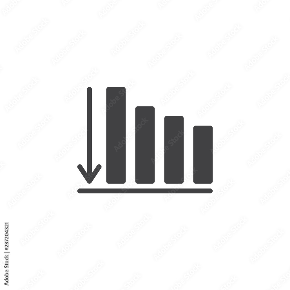 Business graph with arrow down vector icon. filled flat sign for mobile ...