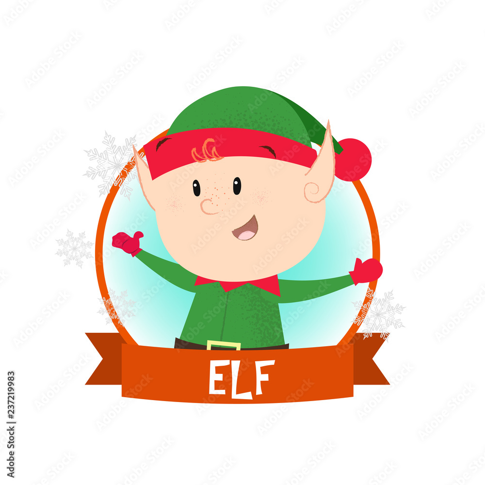 Christmas poster design with cartoon smiling elf. Drawing of elf in ...