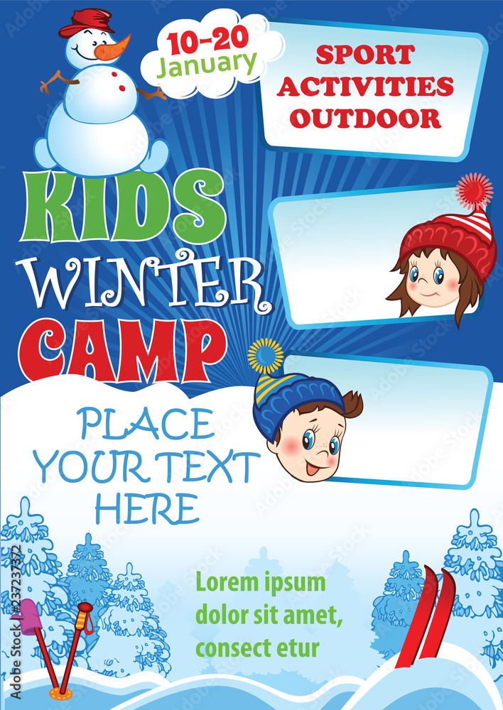 Kid winter camp template, winter vacation flyer, holiday advert design ...