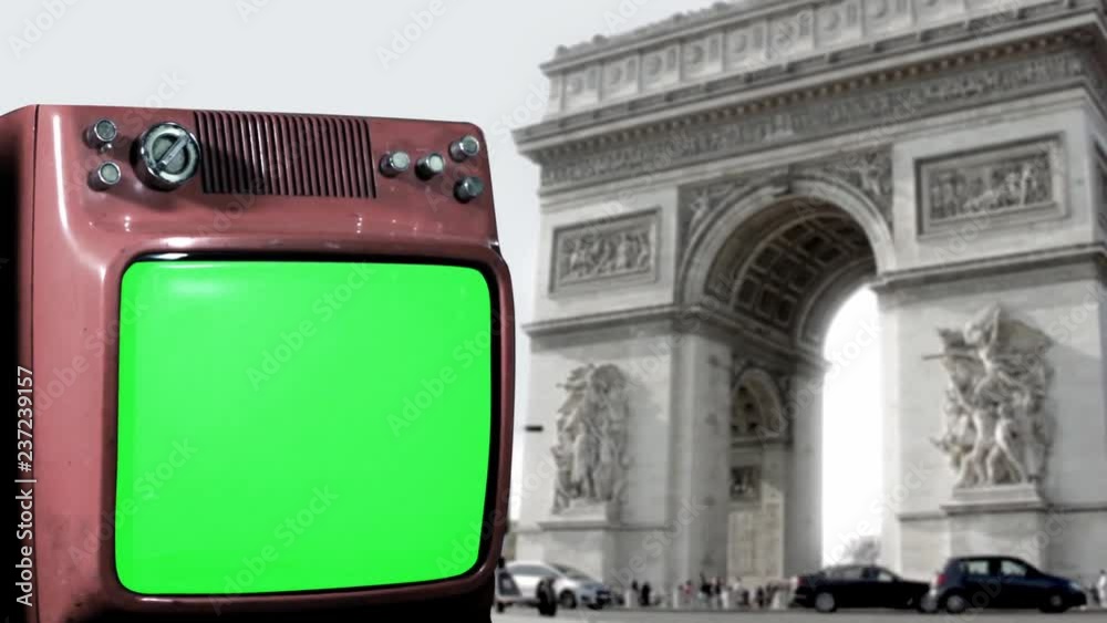 Old TV Green Screen Over The Triumphal Arch in Paris, You can replace ...